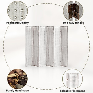 Leesinwing 6 Panel Room Dividers and Folding Privacy Screens, 5.6Ft Wooden Pegboard Display, Privacy Dividers for Bedroom, Portable Dispxlay Board Organizer for Store, Jewelry Display, White