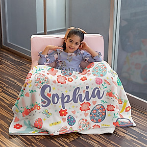 Baby Easter Gifts, Personalized Baby Blankets w/ Name, 5 Fonts & Cute Easter Bunny & Eggs - Custom Blanket with Baby Name, Personalized Baby Gifts, Baby Girl Gifts For Easter Day - 30x40 - D4