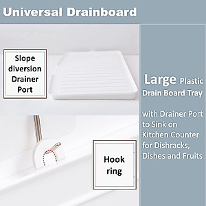 Halyuhn 18 Inch Plastic Dish Drainer Board, Large White Draining Tray with Side Drop Slope Diversion, Water Drain Board Drying Plate Dish Strainer Mat with Non-Slip Base for Bowl Cup Kitchenware