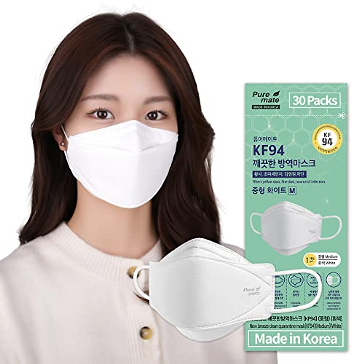 PUREMATE [30 Packs Made in Korea KF94 Face Mask White Black Individual Wrapped Filter Efficiency ≥ 94% (Medium(Pack of 30), White)