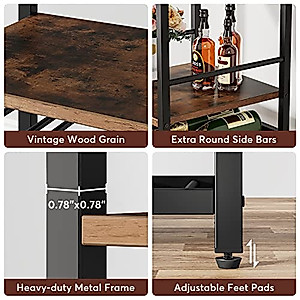 LITTLE TREE Wine Rack Freestanding Floor, 9 Tier Wine Bar Cabinet for Liquor and Glasses Storage, Wine Bottle Holder Shelf for Home Kitchen Dining Room, Rustic Brown (20 Bottle)