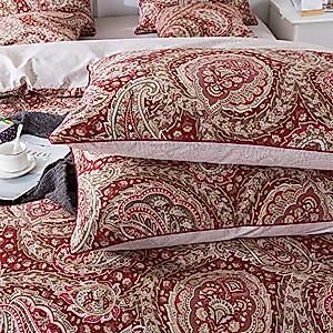 FADFAY Paisley Duvet Cover Set 100% Cotton Ultra Soft Red and Beige Reversible Paisley Bedding Set with Hidden Zipper Closure 3 Pieces, 1Duvet Cover & 2Pillowcases, King/California King Size