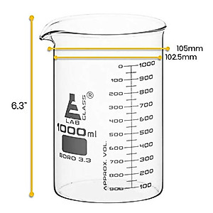 EISCO Beaker, 1000ml - ASTM - Low Form with Spout - Dual Scale, White Graduations - Borosilicate 3.3 Glass