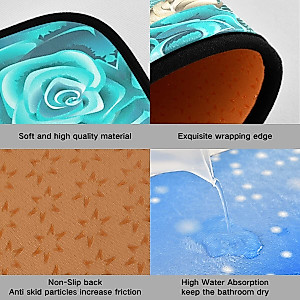 Teal Rose Kitchen Rugs and Mats 2 Piece Non Slip Washable Runner Rug Set for Floor Rose Turquoise Kitchen Decor and Accessories Love Never Ends