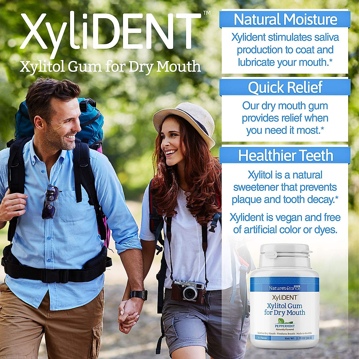 XyliDENT Xylitol Gum for Dry Mouth Relief - Stimulates Saliva, Freshens Breath, Reduces Acid Production, Fast Acting Relief, 50 Count (Peppermint)