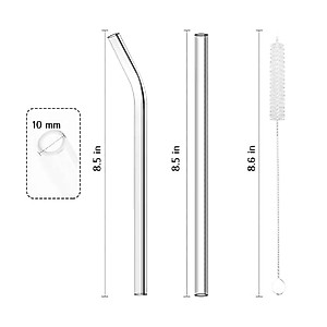 AKONEGE 6 Pack Glass Straw Reusable Clear Drinking Straws, 8.5'' x 10mm, 3 Straight and 3 Bent Glass Straws with 2 Cleaning Brush for Cold/Hot Drinks, Cocktail, Smoothies, Coffee, Juice