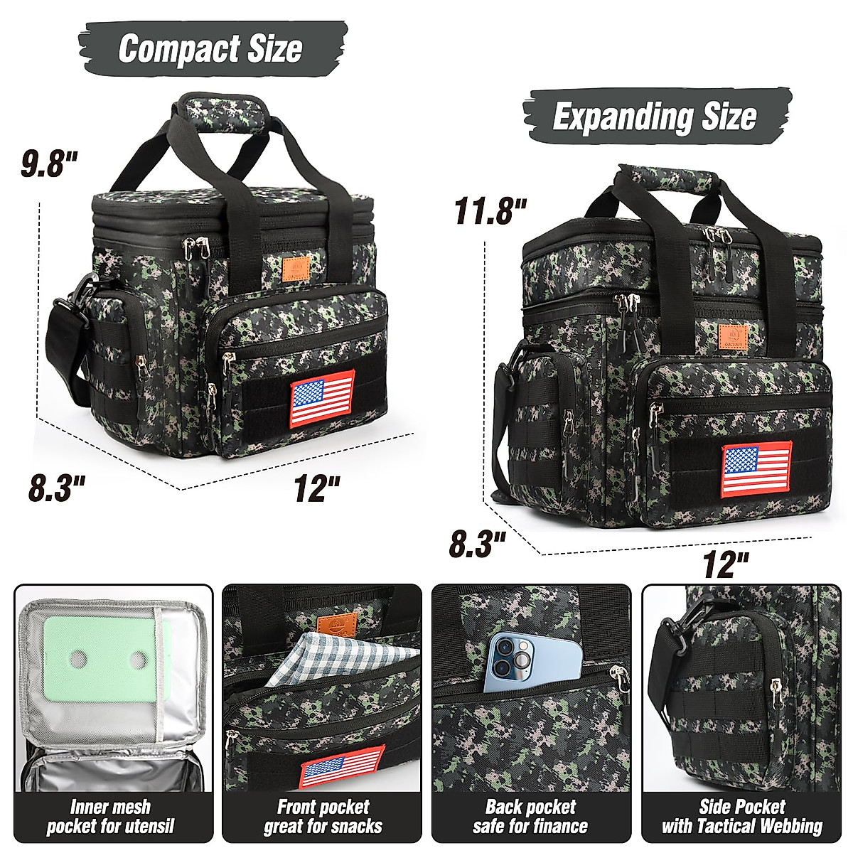 CaCTOUR Tactical Lunch Box for Men, Expandable Heavy Duty Double Deck Tactical Lunch Bag with Shoulder Strap, Leakproof & Insulated Lunch Cooler Bag for Adult Work Fishing Picnic Travel,20L,Camo-Black
