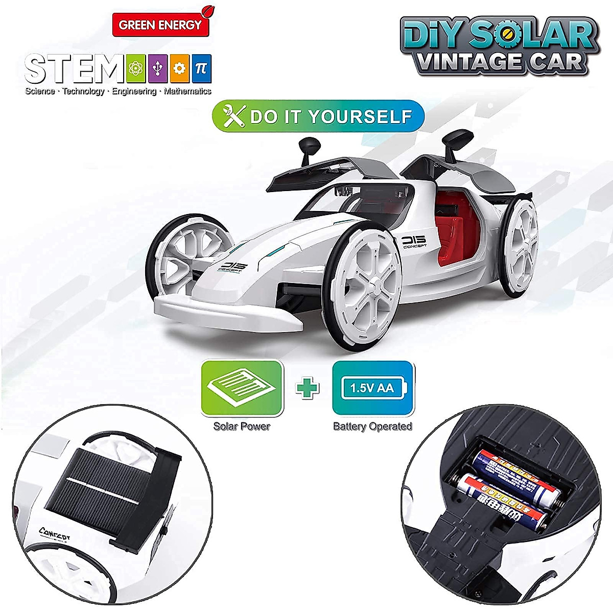 Masefu STEM Car Toy, DIY Eco-Engineering Science Assembly Vehicle with Openable Car Doors, Power by Sun Educational Experiment Building Car Kit for Kids 6+ Years Old Kids