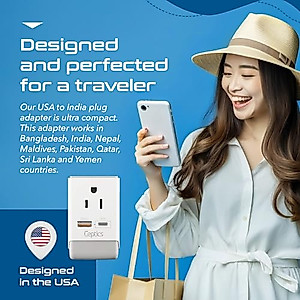 Ceptics US to India Plug Adapter, Type D Plug Adapter QC 3.0 & PD, Safe Dual USB & USB-C 18W, India Plug Adapter Fast Charging - Powerful 2 USA Sockets - Use in Pakistan Nepal Sri Lanka - AP-10