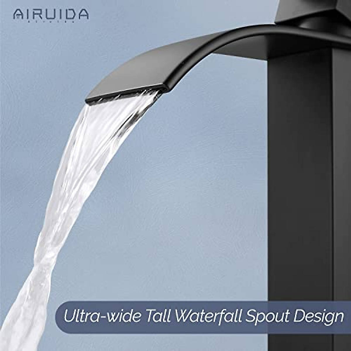 Airuida Vessel Sink Faucet Matte Black, Tall Waterfall Bathroom Faucet, Single Handle One Hole Mixer Bowl Tap with Large Rectangular Spout, Bar Sink Faucet Lavatory Vanity