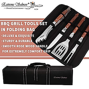 Deluxe BBQ Grill Tool Set with Rosewood Handles - Best Grilling Gift- Heavy Duty Grill Accessories Grilling Tools Set Grill Utensils- Extra Thick Stainless Steel Grill Spatula, Tongs, Fork& Meat Knife