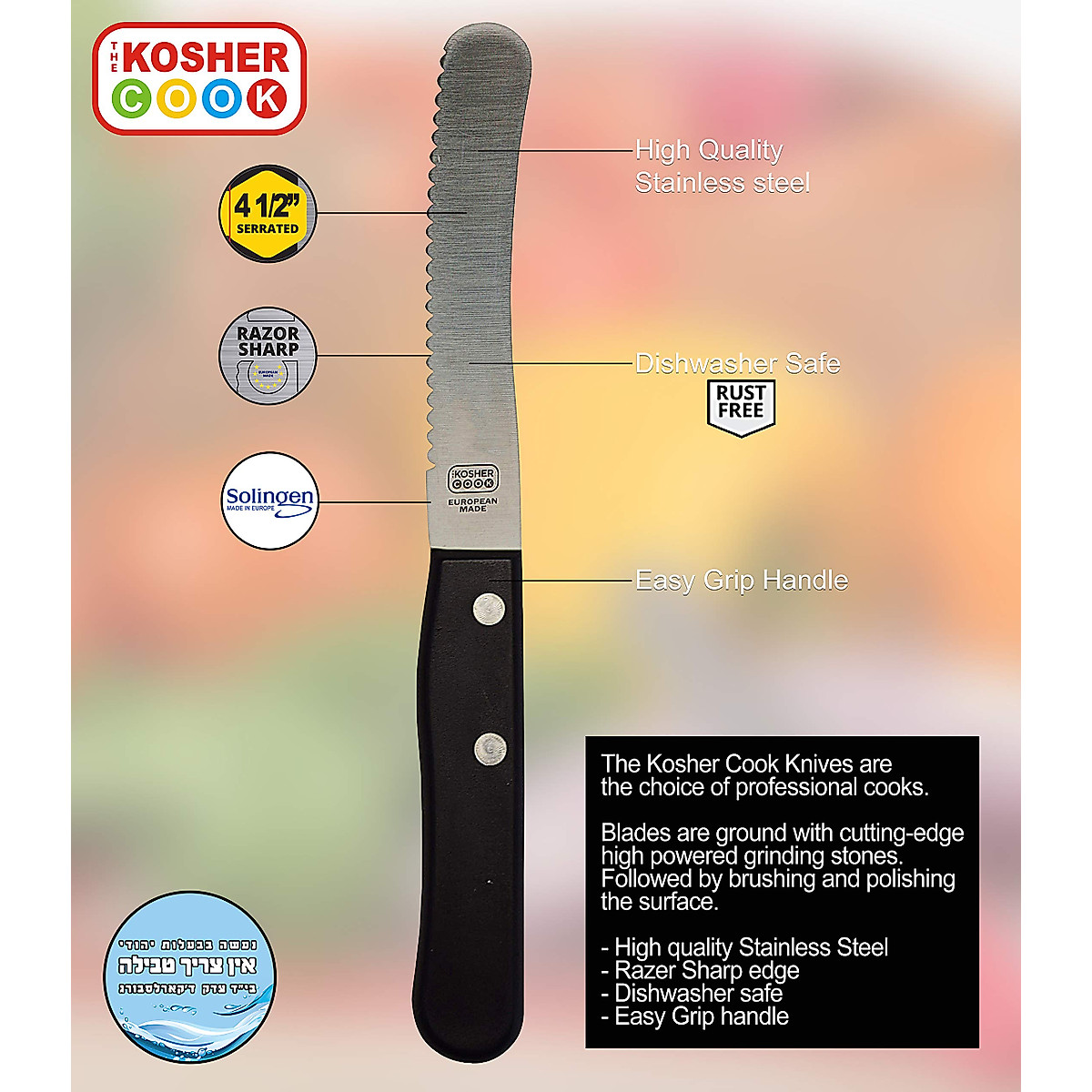 The Kosher Cook Black Spreading Knife - 4.5” Serrated Spreading Kitchen Knife - Color Coded Kitchen Tools