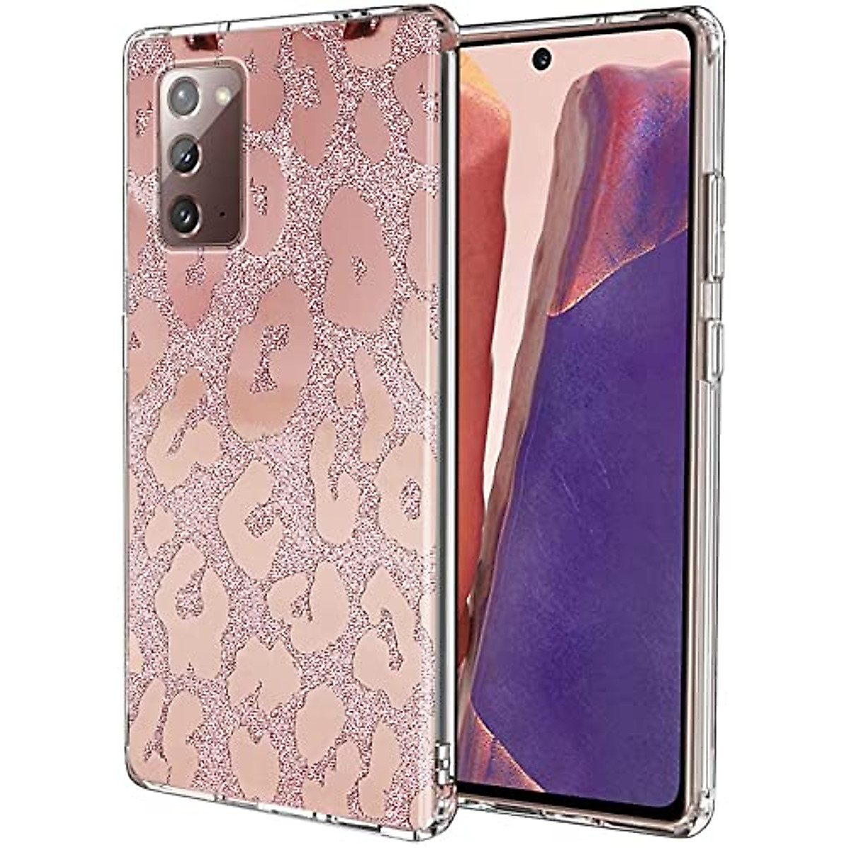 J.west for Samsung Galaxy Note 20 Case 6.7 inch,Luxury Saprkle Bling Glitter Leopard Print Design Soft Metallic Slim Protective Phone Cases for Women Girls Clear TPU Bumper Silicone Cover Rose Gold