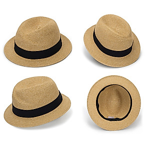 Straw Fedora-Sun-Hats for Women Men Summer Short Brim Roll Up Trilby Hat Packable Panama-Jazz Beach Hat(Size:M) Khaki
