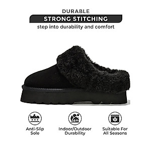 Project Cloud Genuine Suede Slippers for Women Indoor Outdoor Fuzzy Slippers - Platform Sandals Women Footwear - Memory Foam Insole Womens Sandals, Water-resistant Womens Slippers (Snowy, Black, 9)