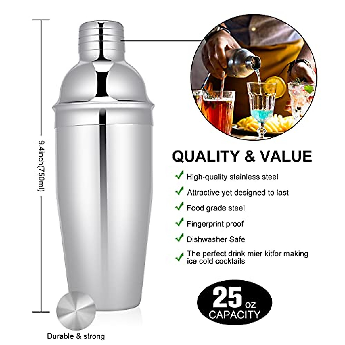 Cocktail Shaker Set, 23-Piece Stainless Steel Bartender Kit with Acrylic Stand & Cocktail Recipes Booklet, Professional Bar Tools for Drink Mixing, Home, Bar, Party (Include 4 Whiskey Stones)