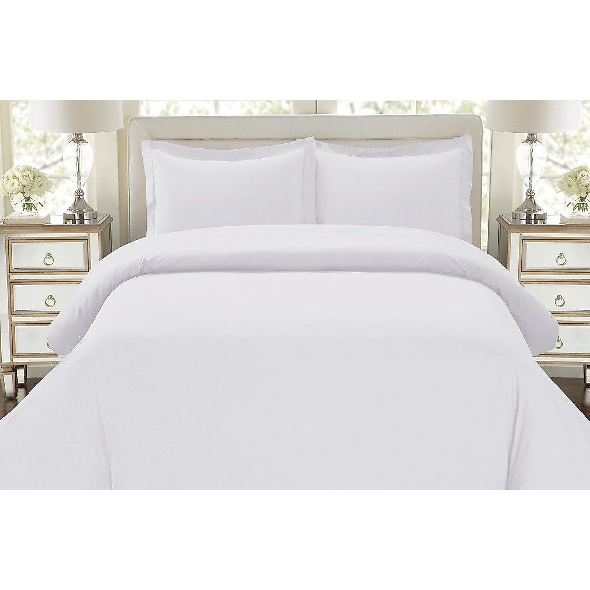 LinenHouse Hotel Collection Bedding's 550-Thread-Count 100% Egyptian Cotton Twin Extra-Long Damask Solid 3 Piece (Duvet Cover with Zipper Closer + 2pc Pillow Shams), White