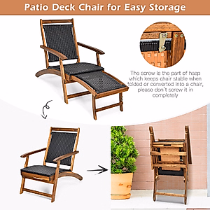 HAPPYGRILL Patio Chaise Lounge Chair with Retractable Footrest, Acacia Wood Lounge Chair, Rattan Wicker Folding Chaise Lounge, Collapsible Lounge Chair for Poolside Patio Garden Porch