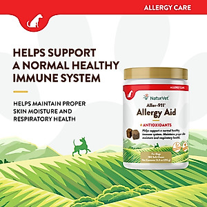 NaturVet Aller-911 Advanced Allergy Aid for Dogs, Cats – Antioxidant-Rich Pet Supplement with Omegas, DHA, EPA – Helps Support Dog Immune System, Cat Respiratory Health, Skin Moisture 180 Soft Chews