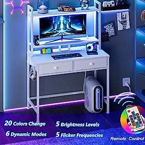 Furologee Small White Desk with Drawers, 36 Inch Home Office Computer Desk with Power Outlet and LED Light, Vanity Desk with Storage Shelves, Modern Work/Writing/Study Table for Bedroom, White