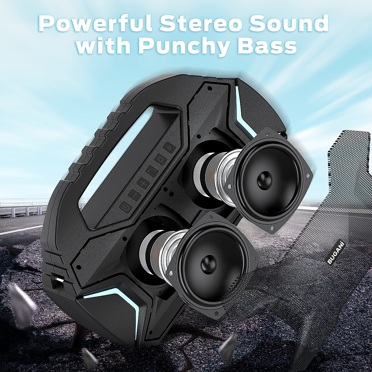 BUGANI Bluetooth Speakers, Party Plus Wireless Portable Speaker with 60W Big Power Dual Pairing True Wireless Stereo Sound, 30H Playtime, Support TF/AUX/USB, Suitable for Party, Outdoor Speaker