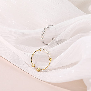 HUIZIUYUQI Tiny Pearl Thin Small Open Rings for Women 925 Sterling Silver Adjustable Dainty Statement Pinky Knuckle Rings Party Birthday Jewelry Gifts 2 PCS Set 7#