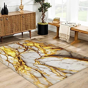 White and Gold Marble Area Rugs, 5x7ft Stylish Chic Aesthetic Kid Pet Friendly Indoor Rugs Soft Non Slip Washable Accent Carpet for Living Room Bedroom Entrance Hardwood Floor Decor