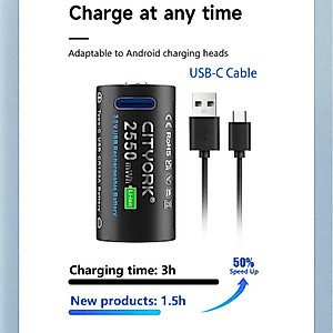 CITYORK CR123A 2550mWh Lithium Battery 6 Pack, 2550mWh CR-123A Lithium Battery for High Intensity Flashlight, Home Safety, Security Devices with 4 in 1 USB-C Cable（Not D Size Battery）