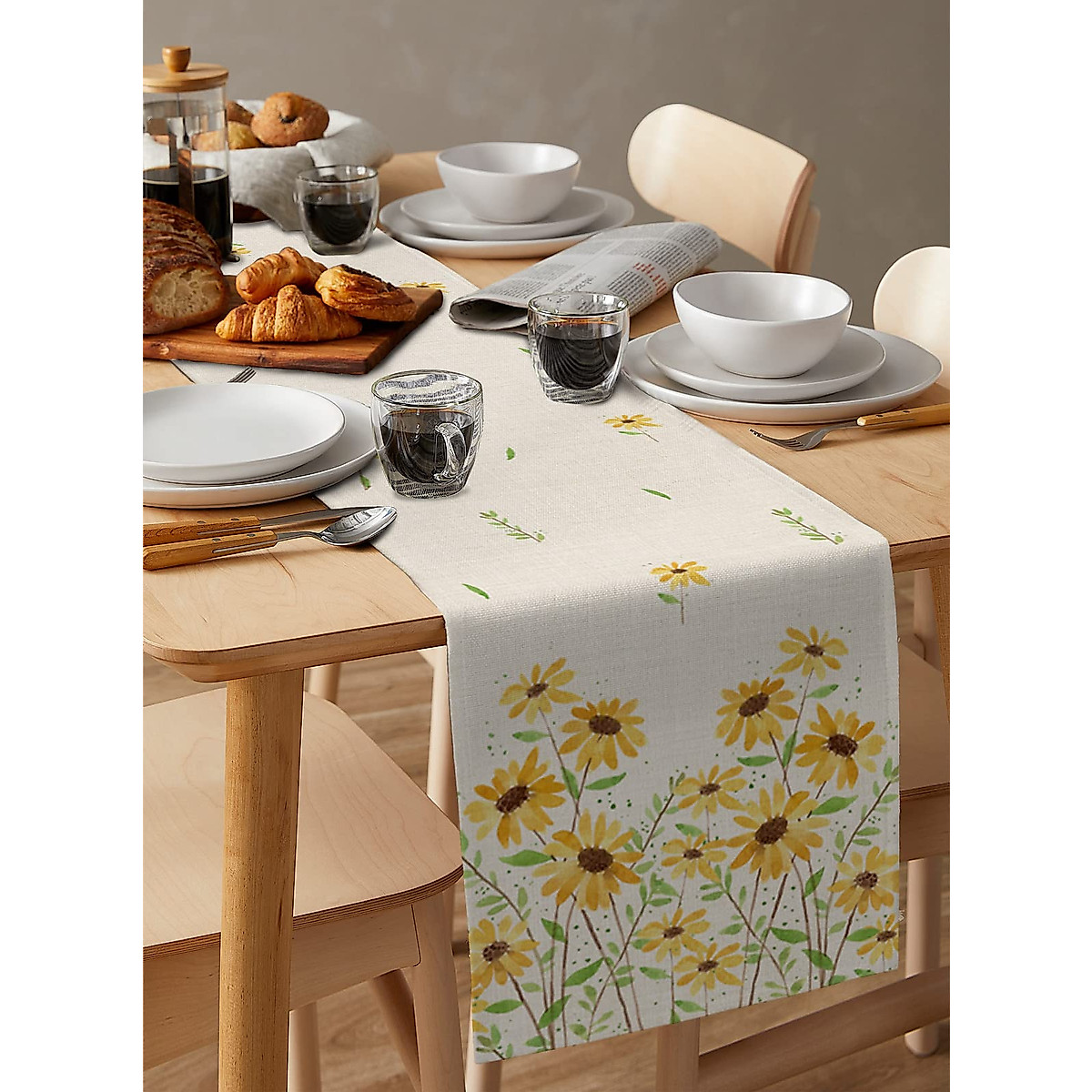 Spring Floral Table Runner 72 Inches Long Farmhouse Dress Scarves, Yellow Daisy Summer Botanical Rustic Linen Texture Dining Tablerunner for Coffee Table/Party/Kitchen Island Décor, 13" x 72"