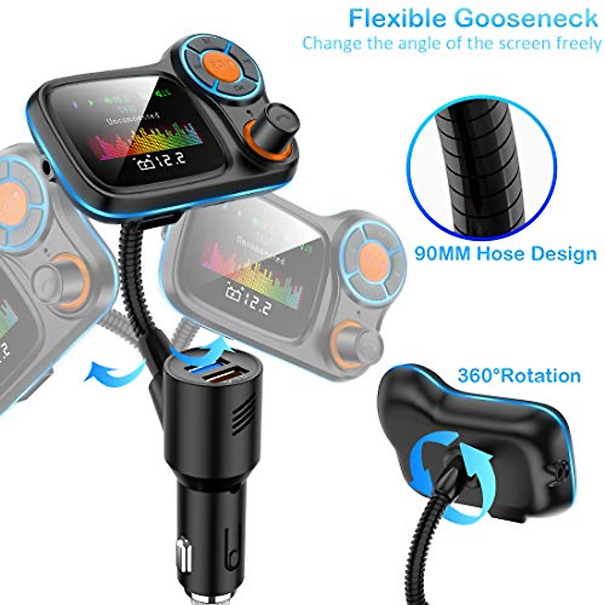 TSNAM Wireless Car Bluetooth Adapter,Radio FM Transmitters HandsFree Call Receiver and MP3 Music/APP Audio Play,QC3.0 and Smart 2.4A Dual USB Charger,1.8" Color Display,Aux Port,TF Card