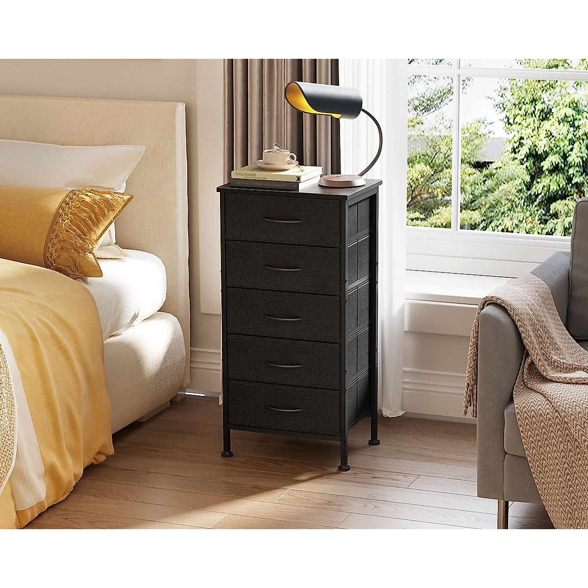 Casaottima Dresser for Bedroom with 5 Drawers, Small Dresser Chest of Drawers Fabric Dresser with Sturdy Steel Frame, Black