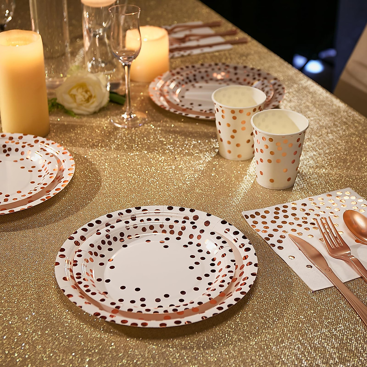 White and Rose Gold Party Supplies - 350 PCS Disposable Dinnerware Set - White Paper Plates Napkins Cups, Gold Plastic Forks Knives Spoon for Graduation, Birthday, Cocktail Party