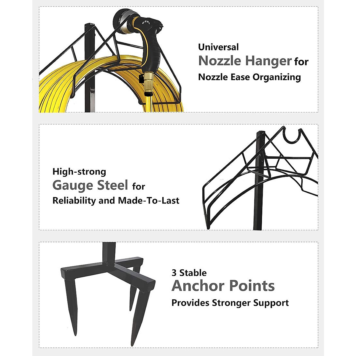 Artigarden Freestanding Garden Hose Holder Hanger, Heavy Duty Metal Water Hose Reel Storage Stand Rack for Yard Lawn, Bright Black (Hose not Included)