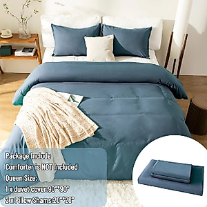 KINMEROOM Grayish Blue Queen Duvet Cover Set, 3 Pieces, 1 Soft Bedding Duvet Cover 90×90 Inches with Zipper Closure 8 Ties and 2 Pillow Shams for Queen Size Bed (Light Blue, Queen)