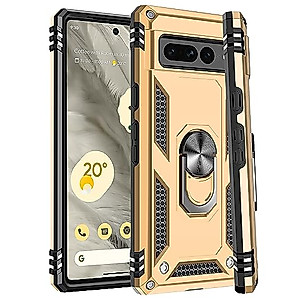 IKAZZ Suitable for Google Pixel 7 Pro Case,Military Grade Shockproof Heavy Duty Protective Phone Cover Pass 16ft Drop Test with Magnetic Kickstand Car Mount Holder Gold