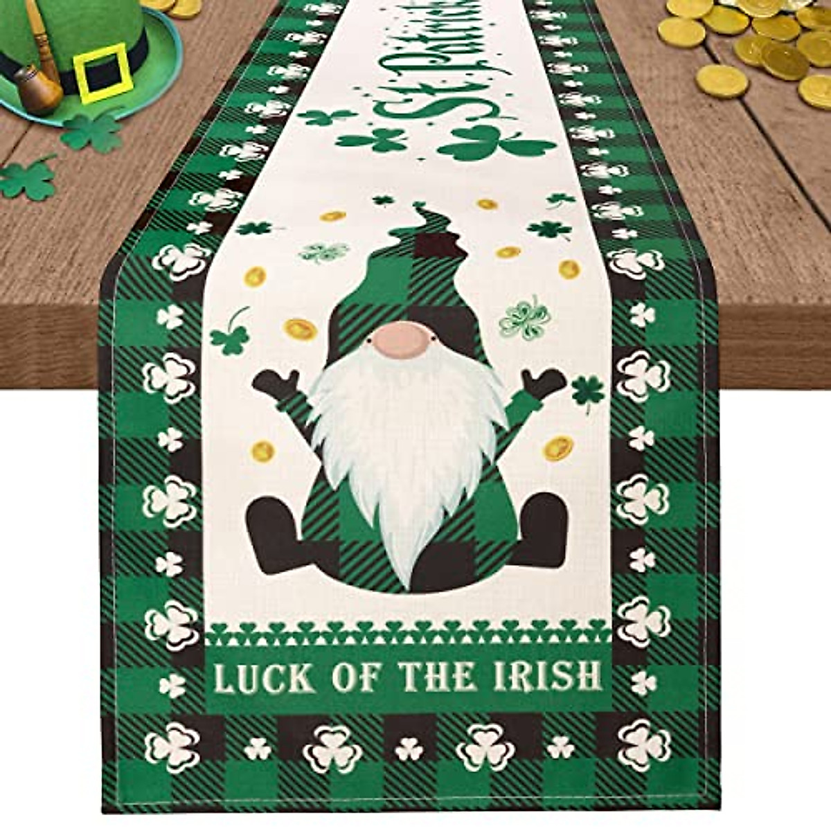 St Patricks Day Table Runner Lucky Clover Shamrocks Table Runners 72 Inches Long, Buffalo Plaid Gnome Burlap Holiday Kitchen Dining Table Decor for Home Party (Gnome Table Runner, 13" x 72")