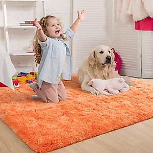 Rtizon Fluffy Rugs for Girls Bedroom, 4x6 Feet Soft Shaggy Orange Area Rug for Kids Playroom Living Room Dorm, Kawaii Tie-Dye Princess Rug for Baby Toddler Nursery, Orange