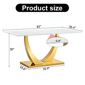 HAIZAO 63 inch Glass Dining Table for 4-6, Rectangular Glass Dining Table with White Marble Grain Tempered Glass Tabletop, Glass Kitchen Table with U-Shaped Metal Bracket for Dining Room Kitchen