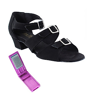 Very Fine Dance Shoes - Ladies Practice, Cuban Low Heel Ballroom Dance Shoes - 1679-1.5-inch Heel and Foldable Brush Bundle - Black Nubuck - 7.5