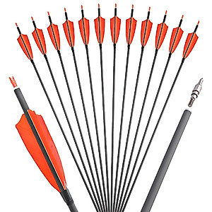 AMEYXGS 6/12 Pcs 34 Inch Archery Carbon Arrows 400 Spine Hunting Compound Arrows with 4” Turkey Feather Target Practice Arrow for Compound and Recurve Bow (Orange set, 12 pcs)
