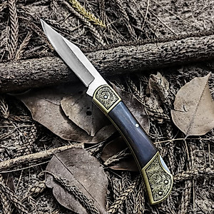 FU-GLBY Embossing Bolster Pocket Folding knife Wood handle EDC Knives Tools (black)