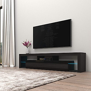 MEBLE FURNITURE & RUGS Milano 200 Floating TV Stand for TVs up to 90", Modern High Gloss 79" Entertainment Center, Wall Mounted TV Media Console with Storage Cabinets and LED Lights