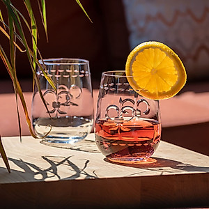 Rolf Glass Fleur De Lis Stemless Wine Tumbler 17 ounce - Stemless Wine Glasses - Lead-Free Glass - Etched Tumbler Glasses - Proudly Made in the USA (Set of 4)