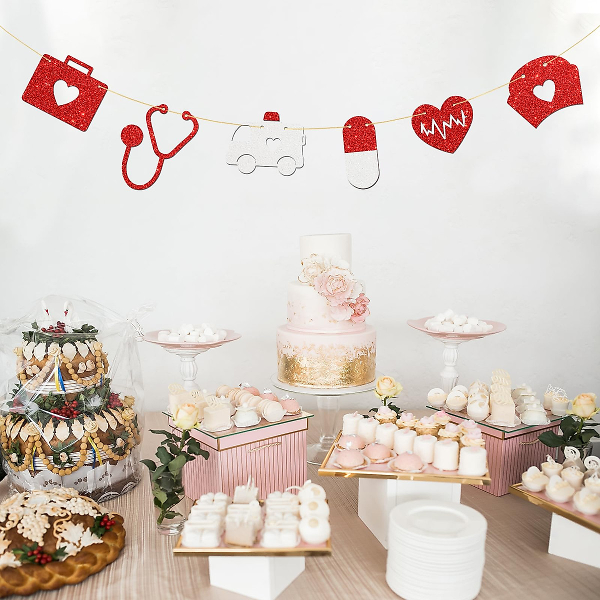 Talorine Red Glitter Congrats Doctor Banner Congrats Nurse Banner- Senior College Medical Graduation Party Bunting Decorations Supplies