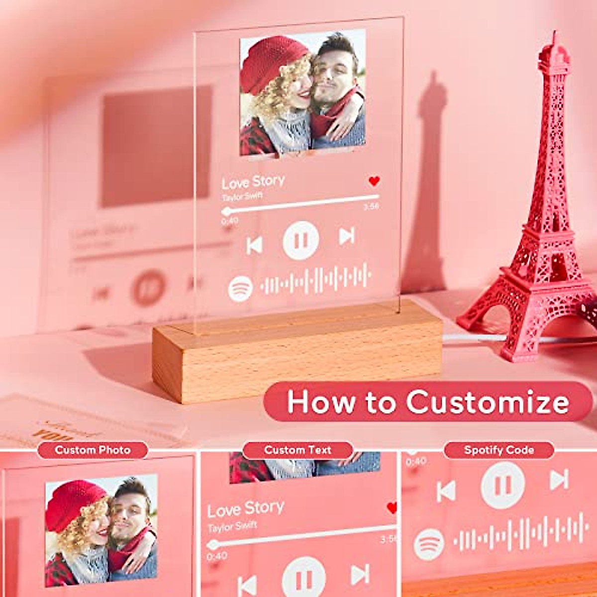 VEELU Personalized Acrylic Song with Photo - Customized spotify Music Plaque - Custom Transparent Picture Album Cover Scannable Spotif Code Night Light - Customized Gifts for Lovers