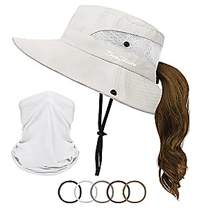 Sun Hats for Women Ponytail UV Protection Fishing Hat Outdoor Wide Brim Beach Hat Foldable Summer Bucket Hat Safari - Neck Gaiter 5*Hair Ties, A-Beige