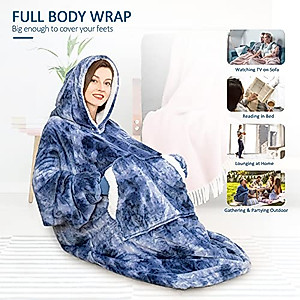 Drewin Wearable Blanket Sweatshirt for Women Men, Oversize Sherpa Fleece Blanket Hoodie with Huge Pocket & Elastic Sleeves, Fuzzy Warm Flannel Hooded Blanket for Adult Winter Gift, Blue&White
