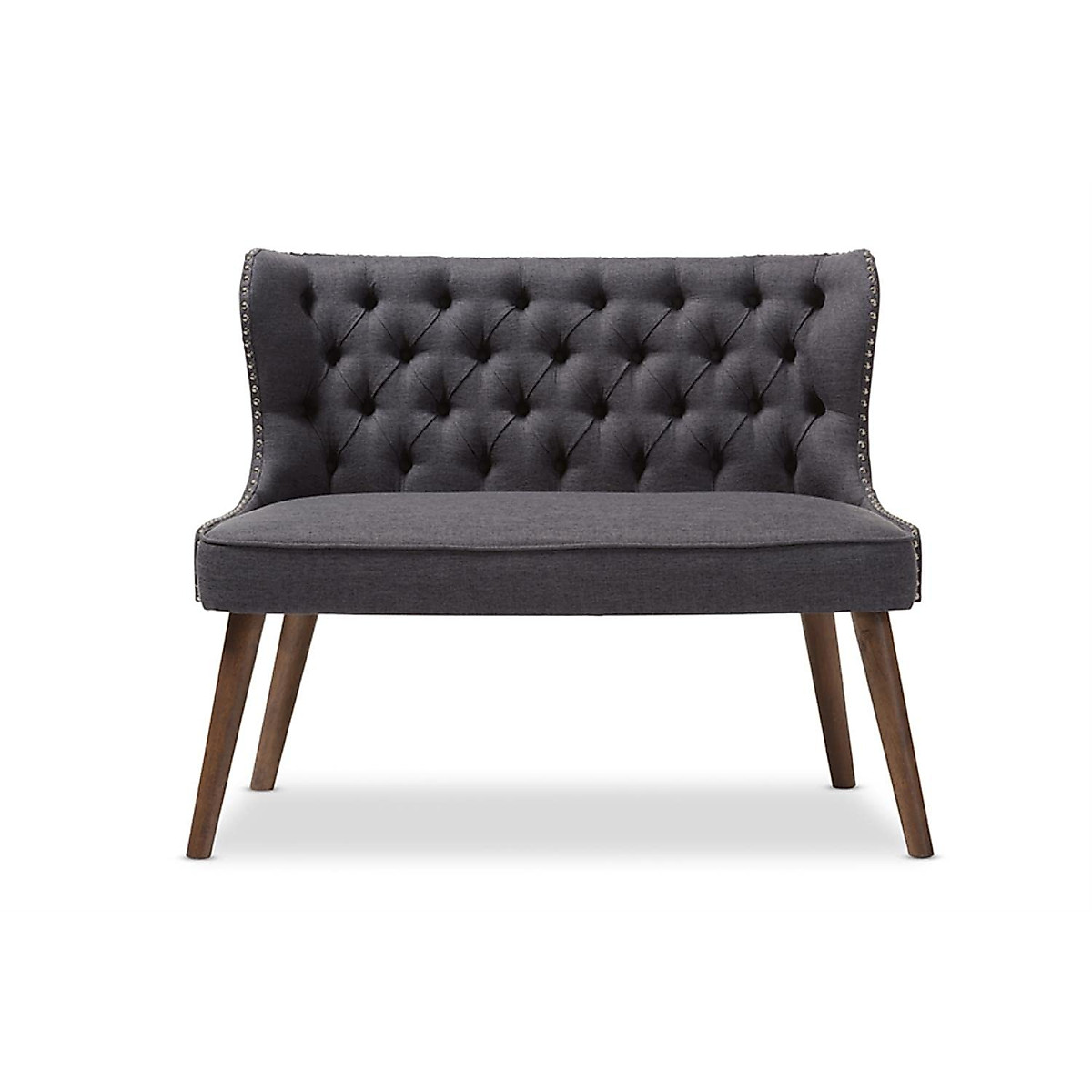 Baxton Studio Scarlett Mid-Century Modern Brown Wood and Dark Grey Fabric Upholstered Button-Tufting with Nail Heads Trim 2-Seater Loveseat Settee