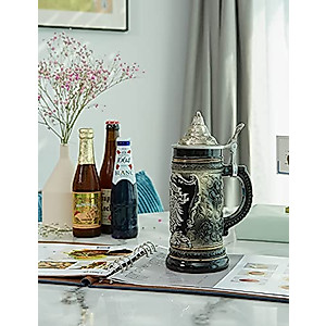 HAUCOZE Beer Stein Mug German Eagle Medallion Stanley Viking Tankard with Petwer Lid Birthday Gifts 0.6Liter