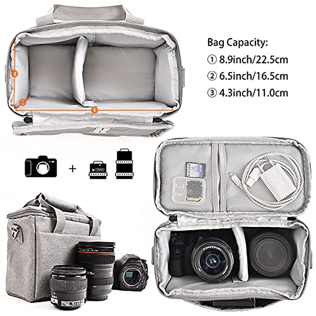 FOSOTO Camera Bag Case with Waterproof Rain Cover Compatible for Nikon D3500 D5600 D7500 D610 Canon EOS 4000D 2000D SL3 T7 M50 M6 SX530 Fujifilm X-T20,Grey